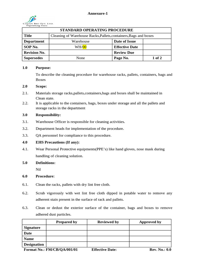 Warehouse Racks and Pallets Cleaning SOP | PDF | Pallet | Personal ...