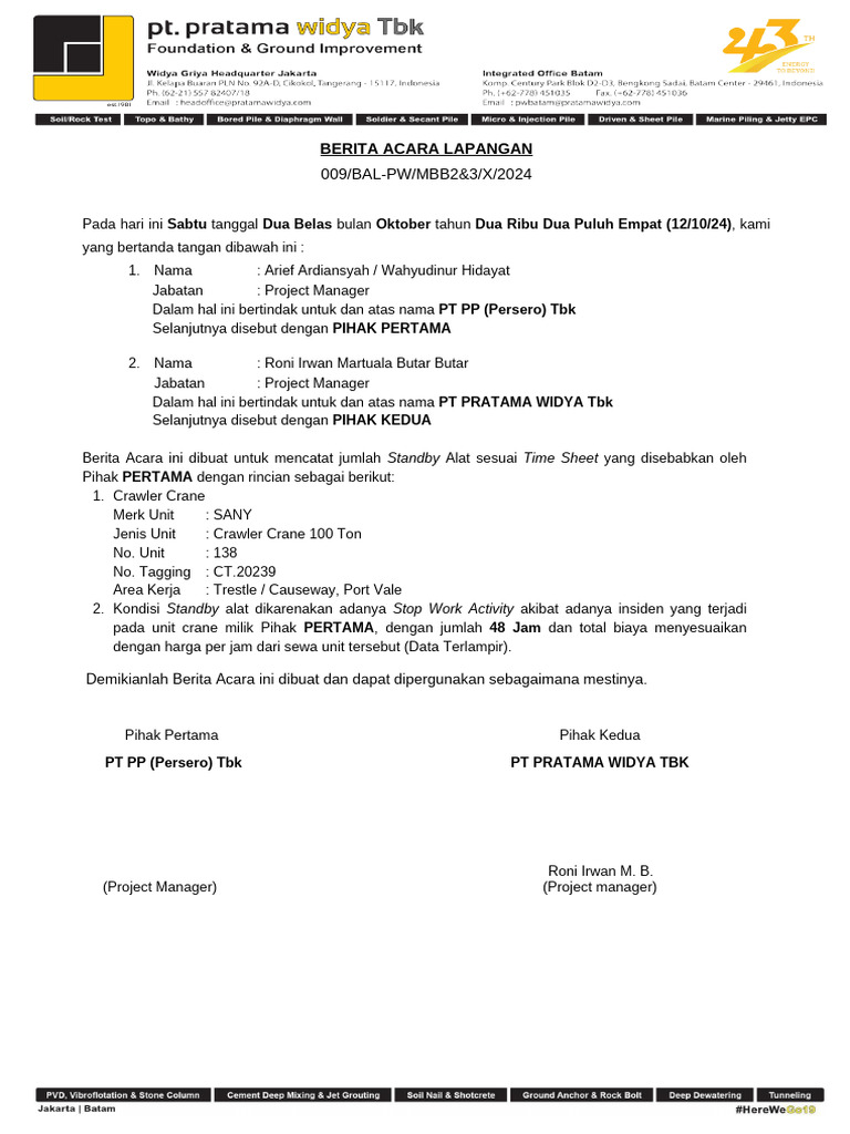 Draft BA Standby Crane Service 100 Ton - Agst-Sept | PDF