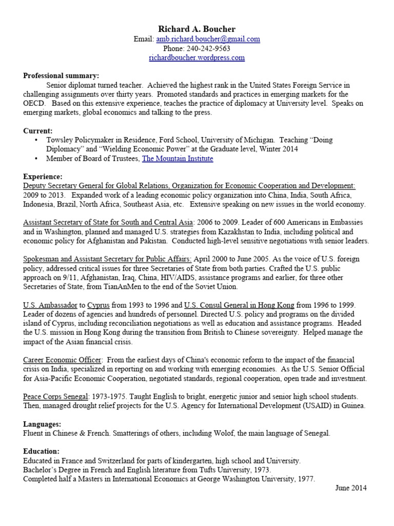 Boucher_Resume_2014 | PDF | Diplomacy | Foreign Policy