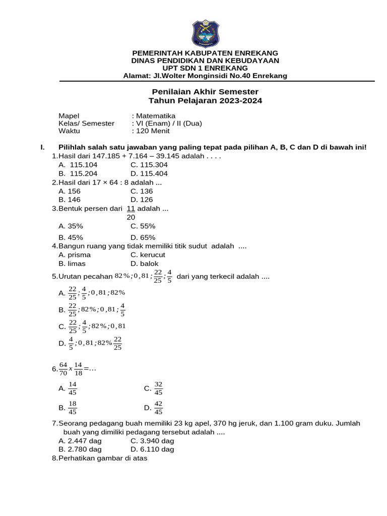 Soal PAS Matematika Kelas 6 Tahun 2023 | PDF