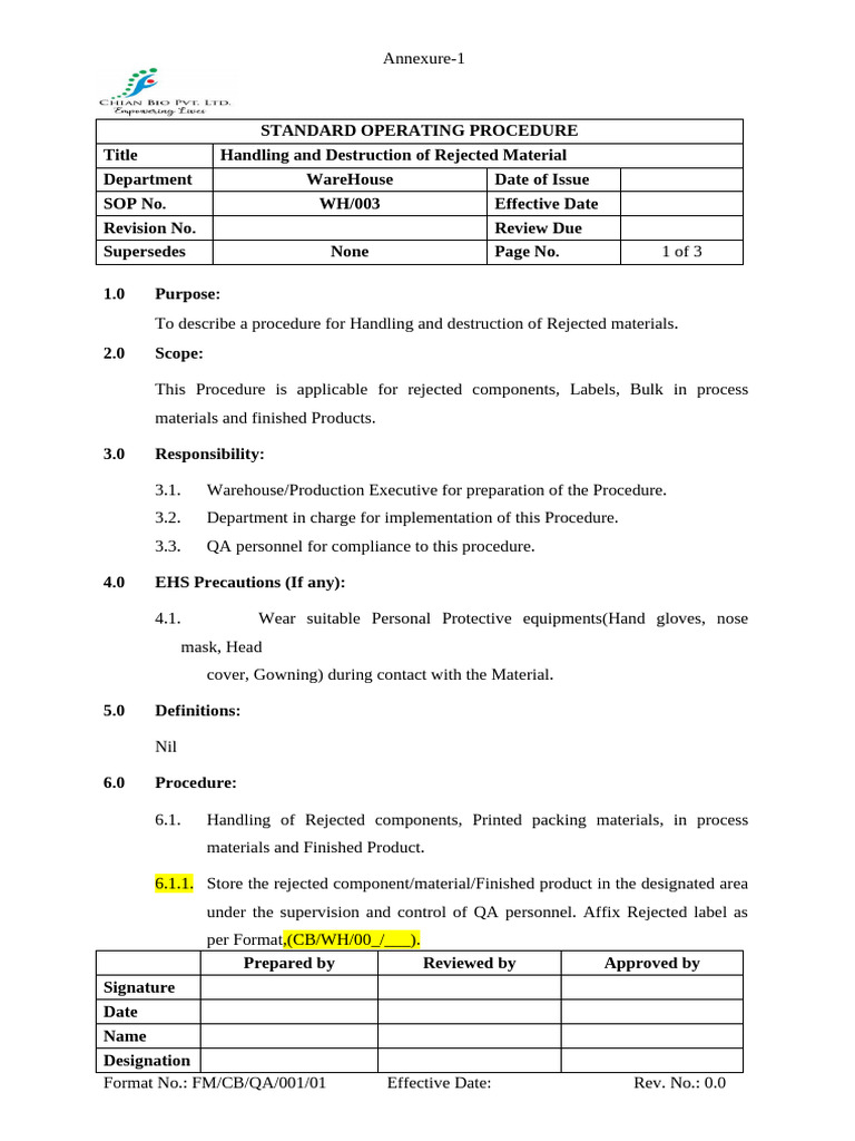 Warehouse SOP for Rejected Materials | PDF