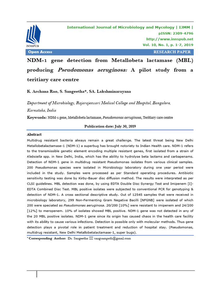NDM-1 gene detection from Metallobeta lactamase (MBL) producing ...