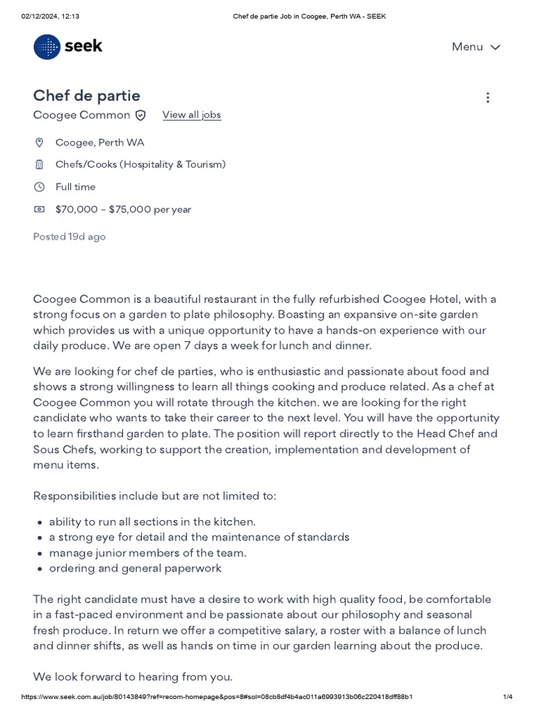 Chef de Partie: View All Jobs Coogee, Perth WA Chefs/Cooks (Hospitality ...
