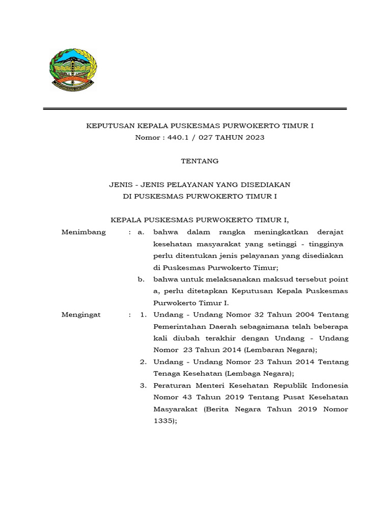 SK - JENiS JENiS PELAYANAN PUSKESMAS | PDF
