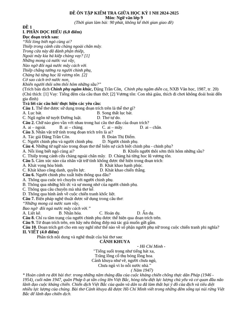 Văn - 9 Đề Ktgki Ôn Tập | PDF