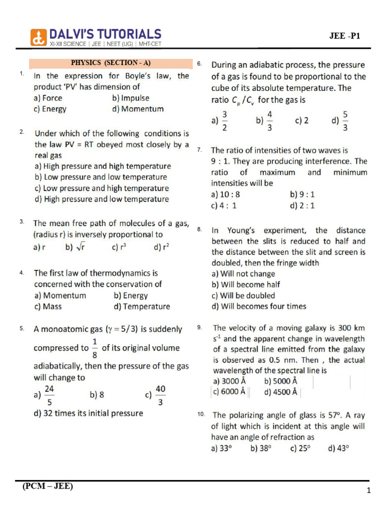 XIITH - PHY - JEE P1 - QP | PDF