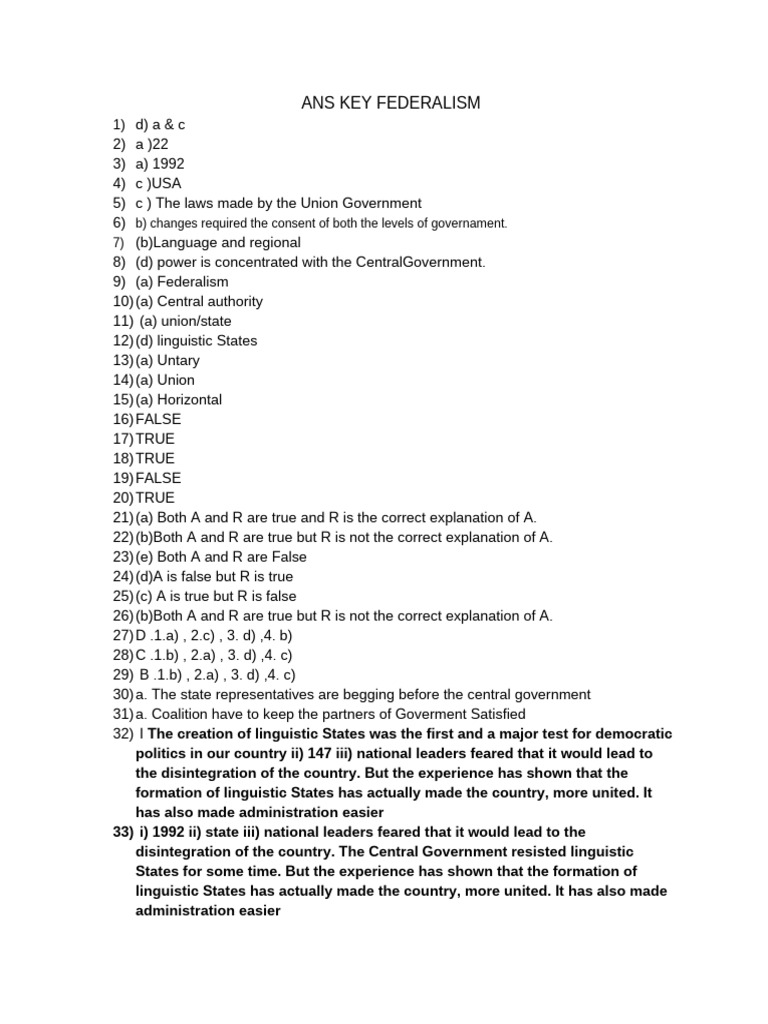 Ans Key Chapter 2 Federalism | PDF | Federation | Jurisdiction