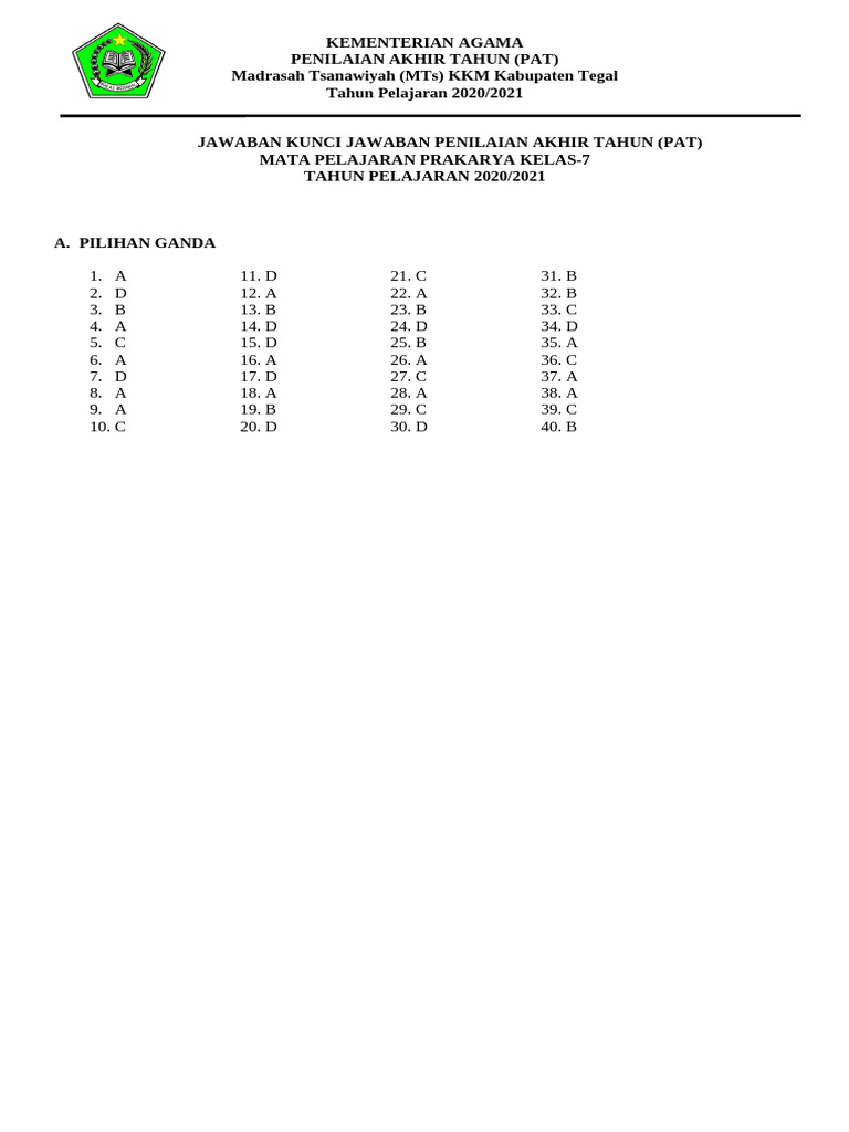 KUNCI JAWABAN SOAL PAT PRA GNP KLS-7 MTS 2021 | PDF