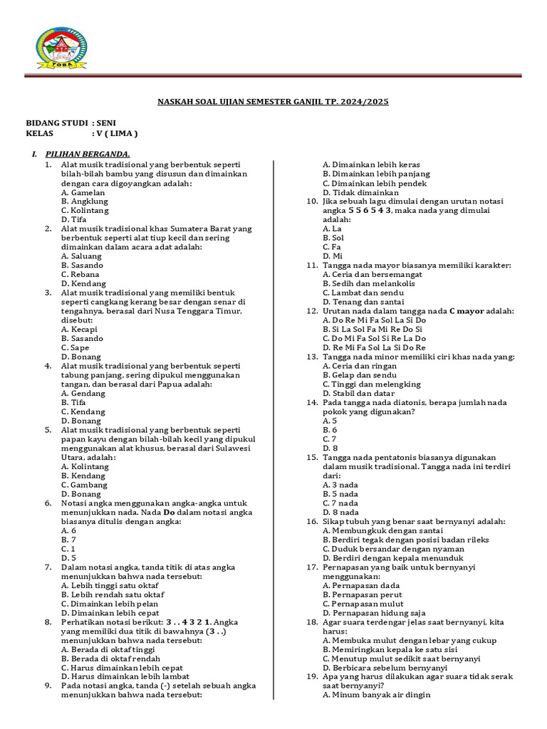 Soal Ujian Semester Ganjil Kelas 5 Seni Musik (KUMER) | PDF