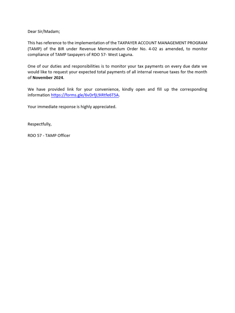TAMP Taxpayer Compliance Request | PDF