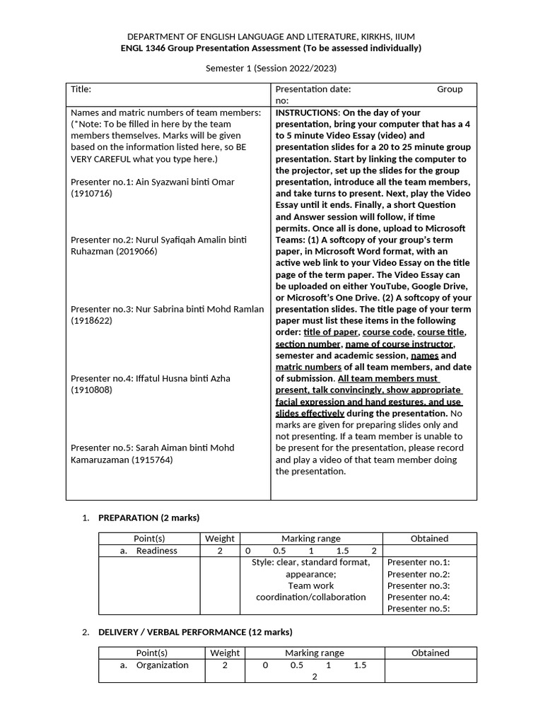 ENGL 1346 Group Presentation Assessment Rubrics (20%) Updated 15 ...