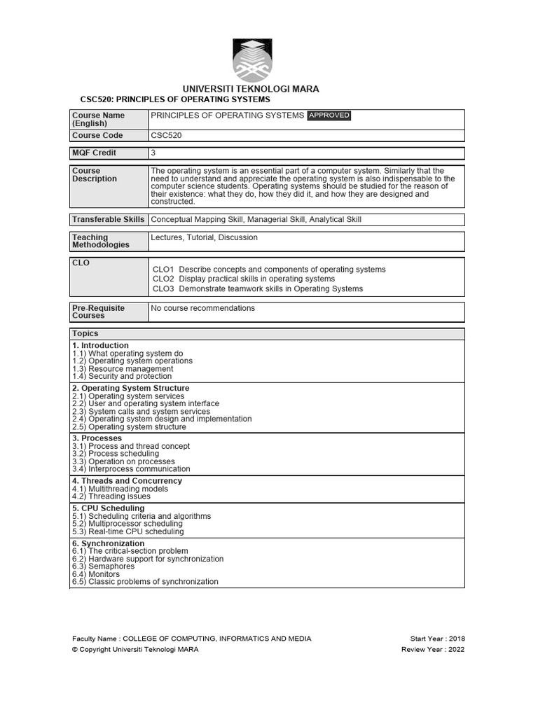 UiTM OS Syllabus | PDF | Thread (Computing) | Operating System