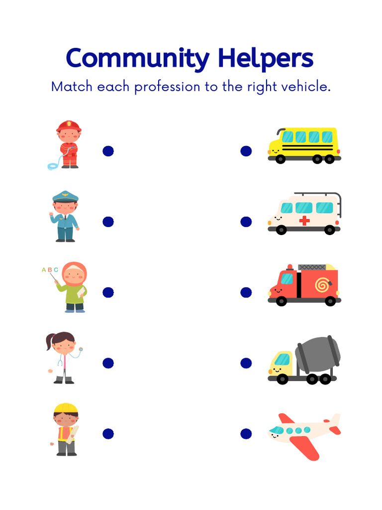 Colourful Cartoon Community Helpers Matching Activity Worksheet | PDF