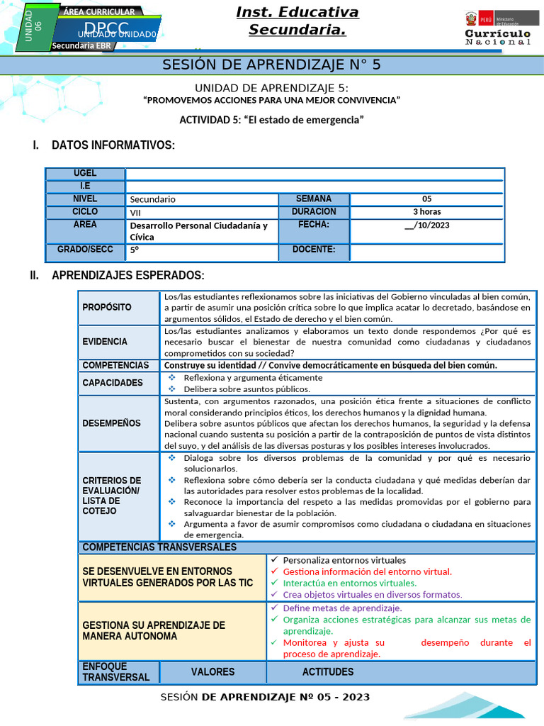 5º DPCC- SES 5 UNI 6 - SEM 05 | PDF | Aprendizaje | Evaluación