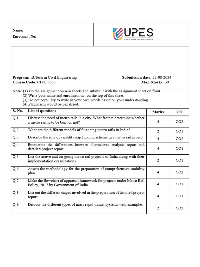Assignment-1 - Metro Rail | PDF
