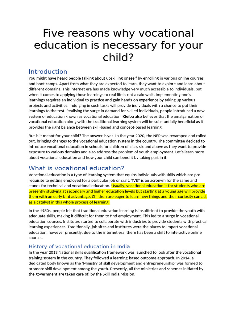 5 reasons why vocational training is necessary for your child. | PDF ... 5 reasons why vocational training is necessary for your child. | PDF ...