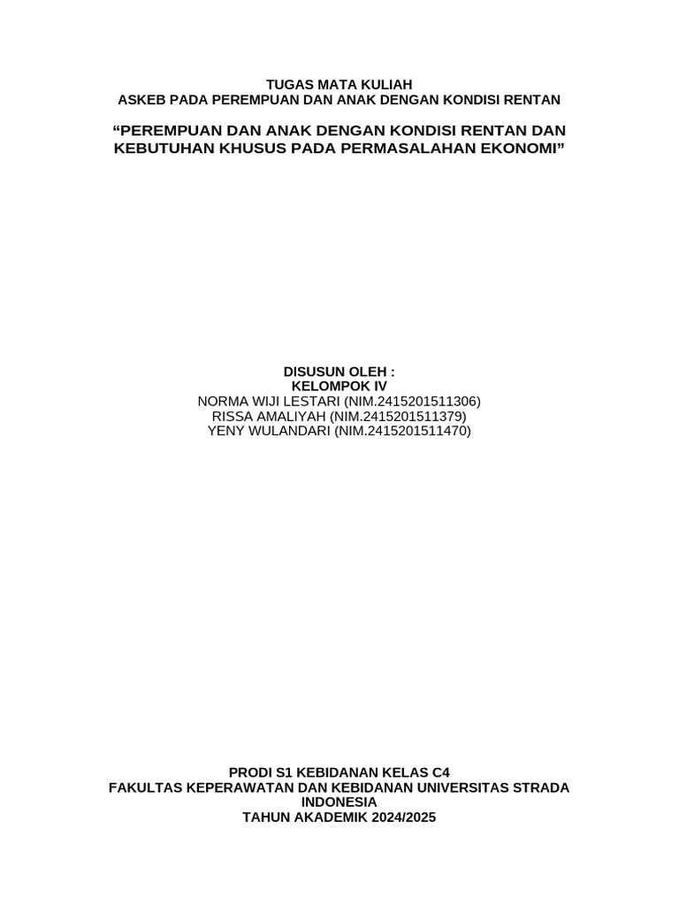 Tugas Mata Kuliah Askeb Pada Perempuan Dan Anak Dengan Kondisi Rentan Kebutuhan Khusus Pada Perm ...