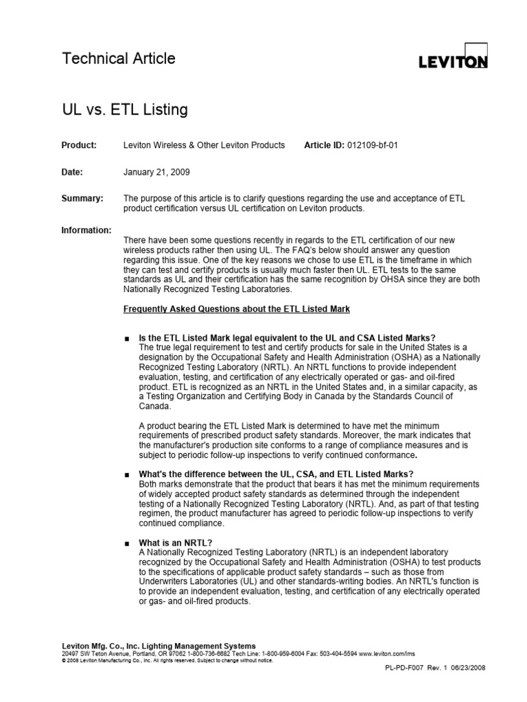 Technical Article - UL_vs_ETL | PDF | Occupational Safety And Health Administration | Safety