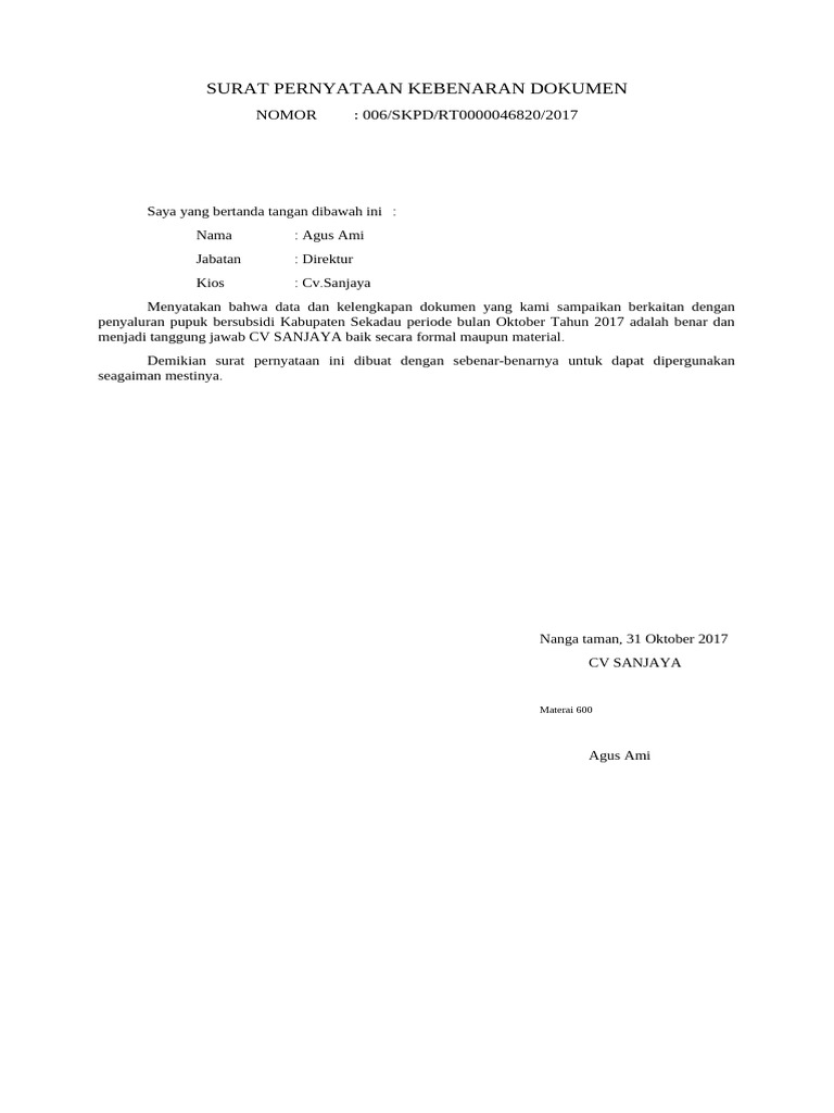 SURAT PERNYATAAN KEBENARAN DOKUMEN | PDF