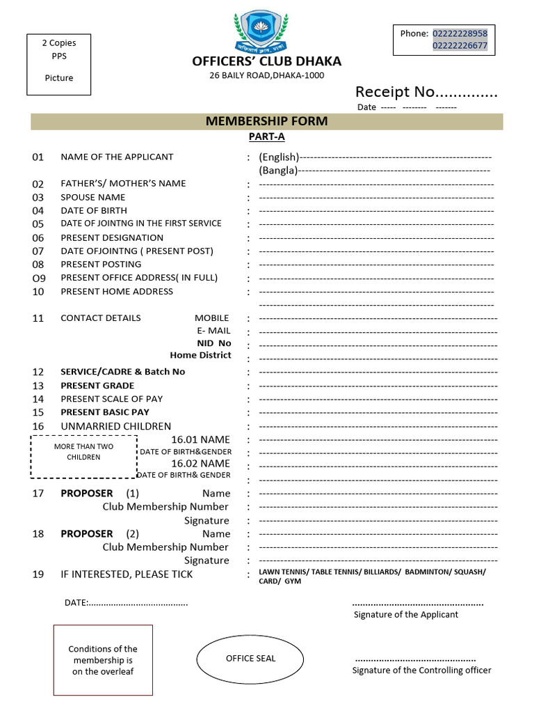 Receipt No.............. : Officers' Club Dhaka | PDF | Cheque