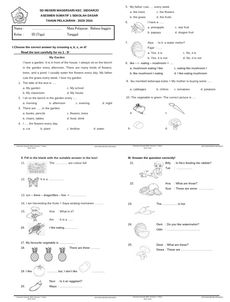 2023 PTS 1 Bhs - Inggris Kls 3 | PDF | Agriculture | Foods