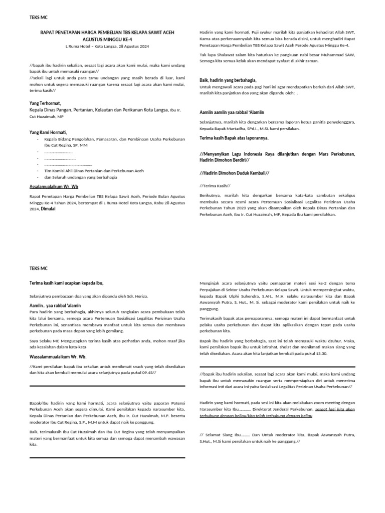 Naskah MC Rapat Penetapan Harga Pembelian TBS Kelapa Sawit Aceh | PDF