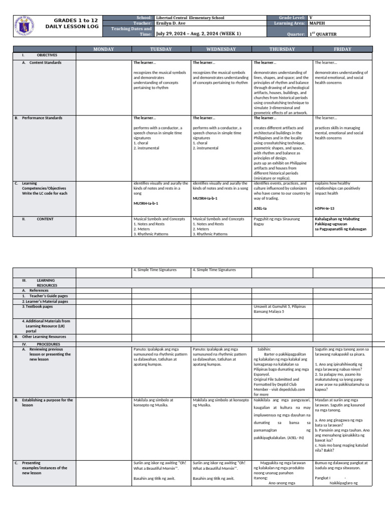 DLL_MAPEH 5_Q1_W1 | PDF