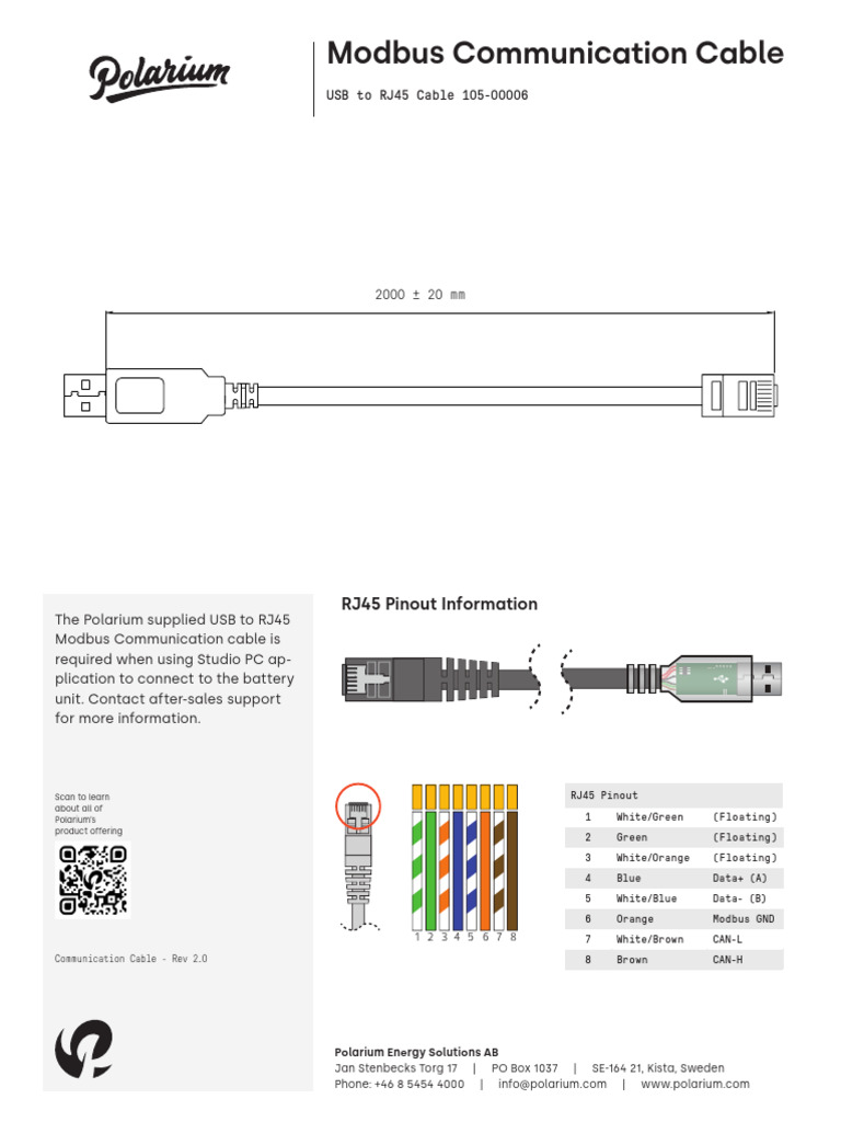 Polarium Modbus Communication Cable Datasheet - PDF | PDF