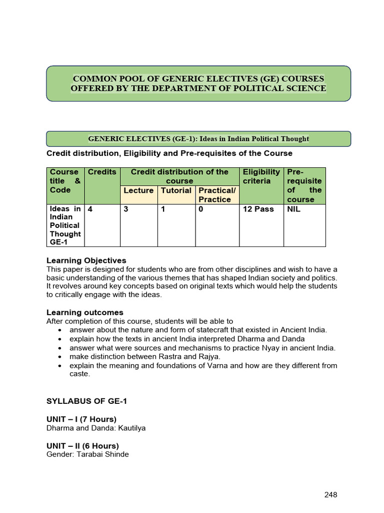 Common Pool of Generic Electives (Ge) Courses Offered by The Department ...