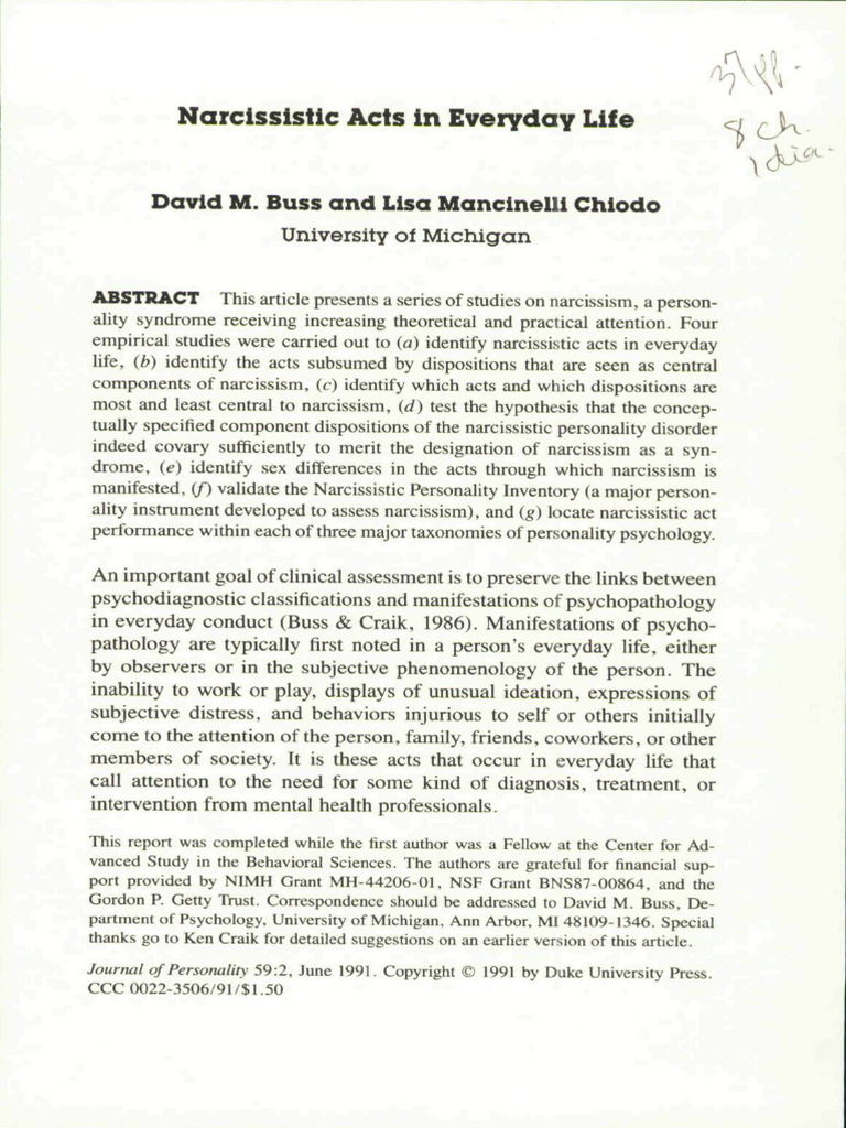 David Buss - Narcissistic Acts in Everyday Life | PDF