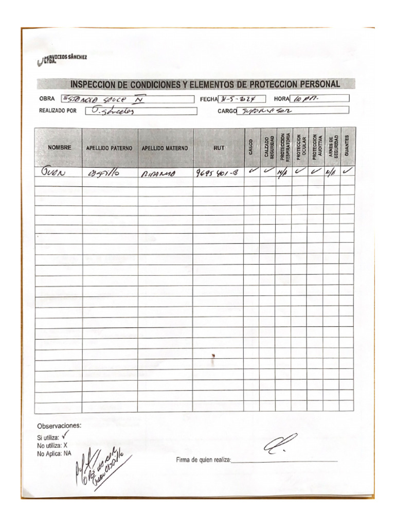 Inspeccion de Condiciones y Elementos de Proteccion Personal | PDF