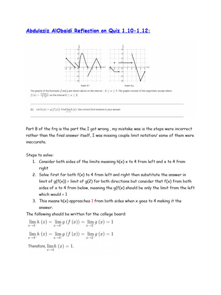 AP CALCULUS I Reflection On Quiz 1.10-1.12 | PDF