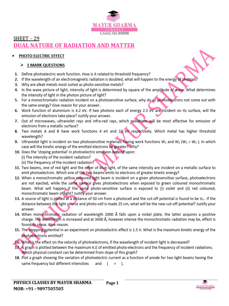 Worksheet-29 Dual Nature of Radiation and Matter | PDF | Photoelectric ...