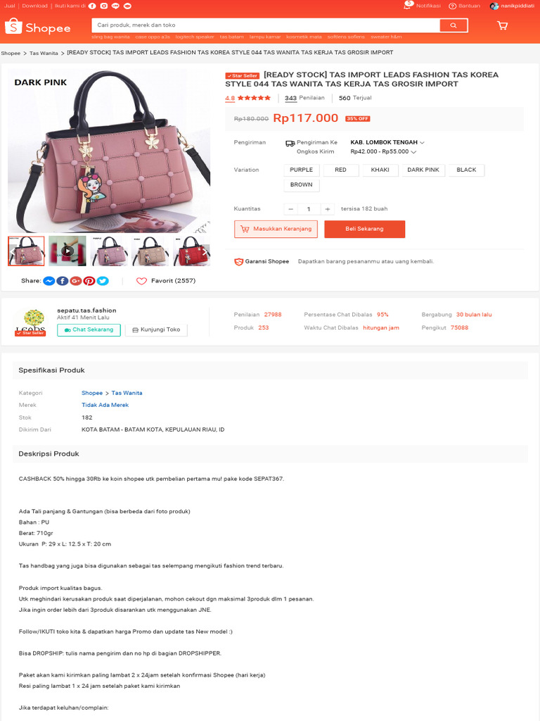 edit [READY STOCK] TAS IMPORT LEADS FASHION TAS KOREA STYLE 044 TAS WANITA TAS KERJA TAS GROSIR ...