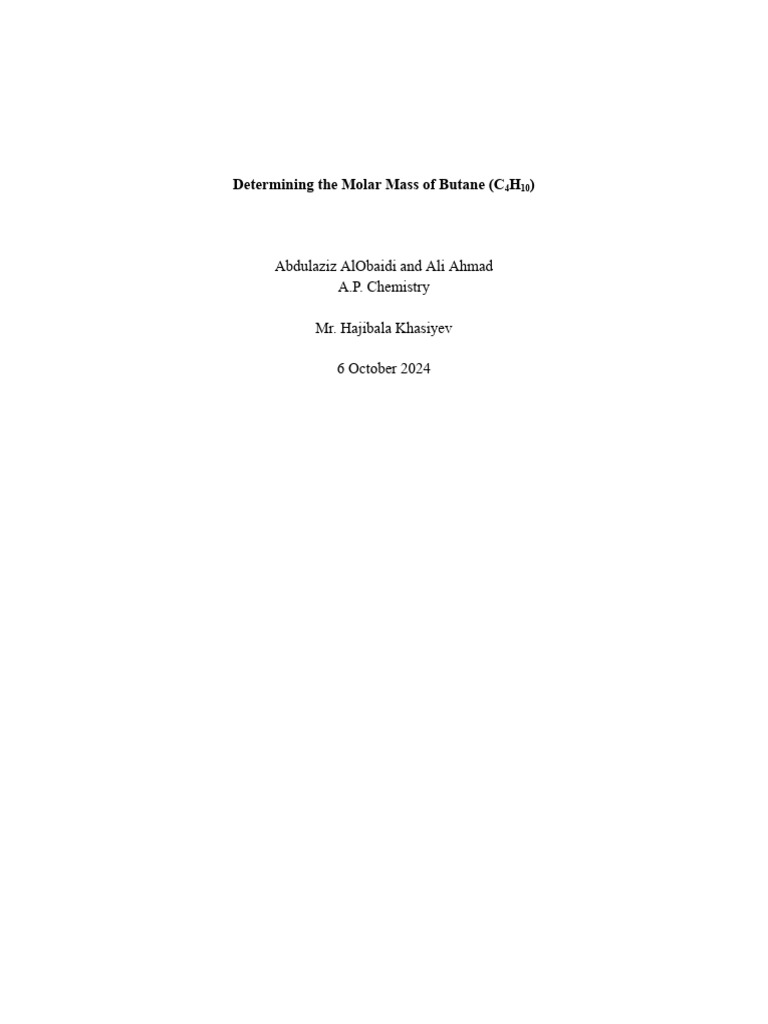 Determining The Molar Mass of Butane | PDF | Mole (Unit) | Chemical ...