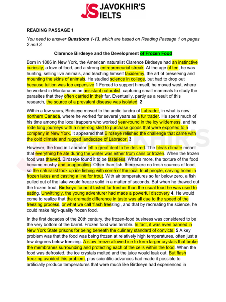 Passage 1 - Clarence Birdseye and The Development of Frozen Food - Answers | PDF