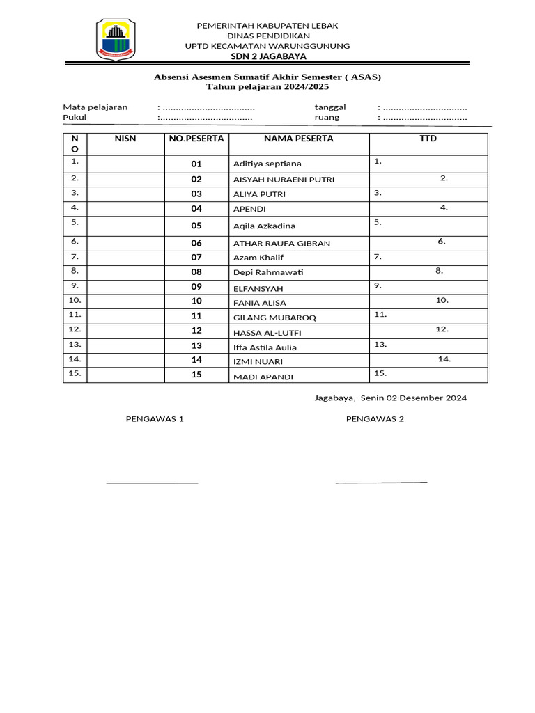 Absensi Peserta Asas SDN 2 Jagabaya | PDF