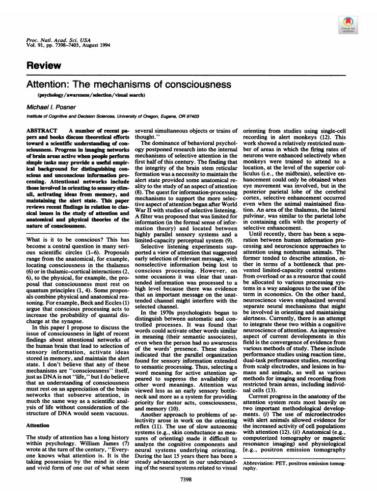 Posner 1994 Attention The Mechanisms of Consciousness | PDF | Attention ...
