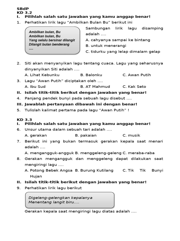 Soal PTS 2 Tema 5 Paket 2 Kelas 3 TP 2022-2023 SBDP | PDF