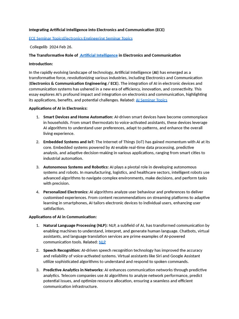 Integrating Artificial Intelligence Into Electronics and Communication | PDF | Artificial ...