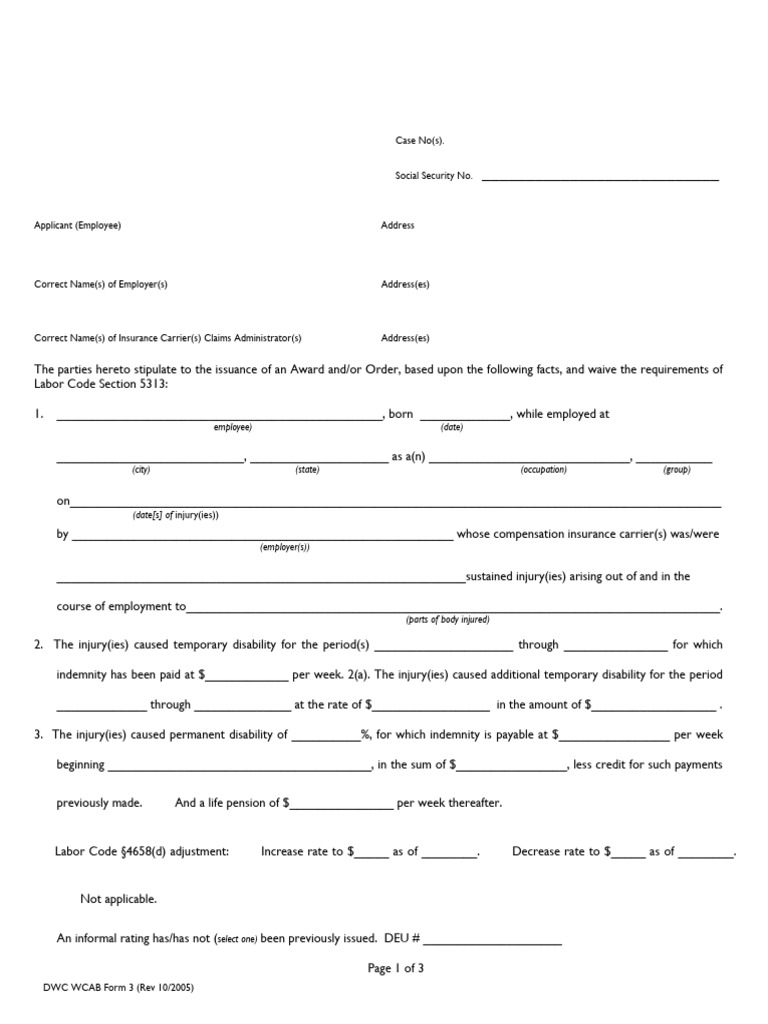 DWC_WCAB_FORM_3 | PDF | Employment | Indemnity