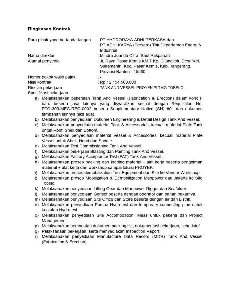 Informasi Barjas Ringkasan Kontrak TANK AND VESSEL PROYEK PLTMG TOBELO ...