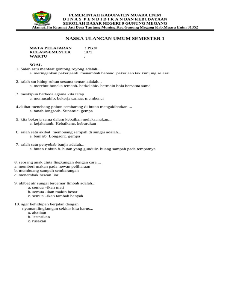 Soal Kelas 2.semester 1 2017 | PDF