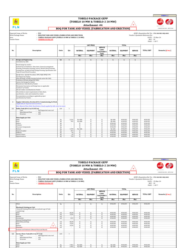 Boq Tank and Vessel Proyek PLTMG Tobelo | PDF | Welding | Construction