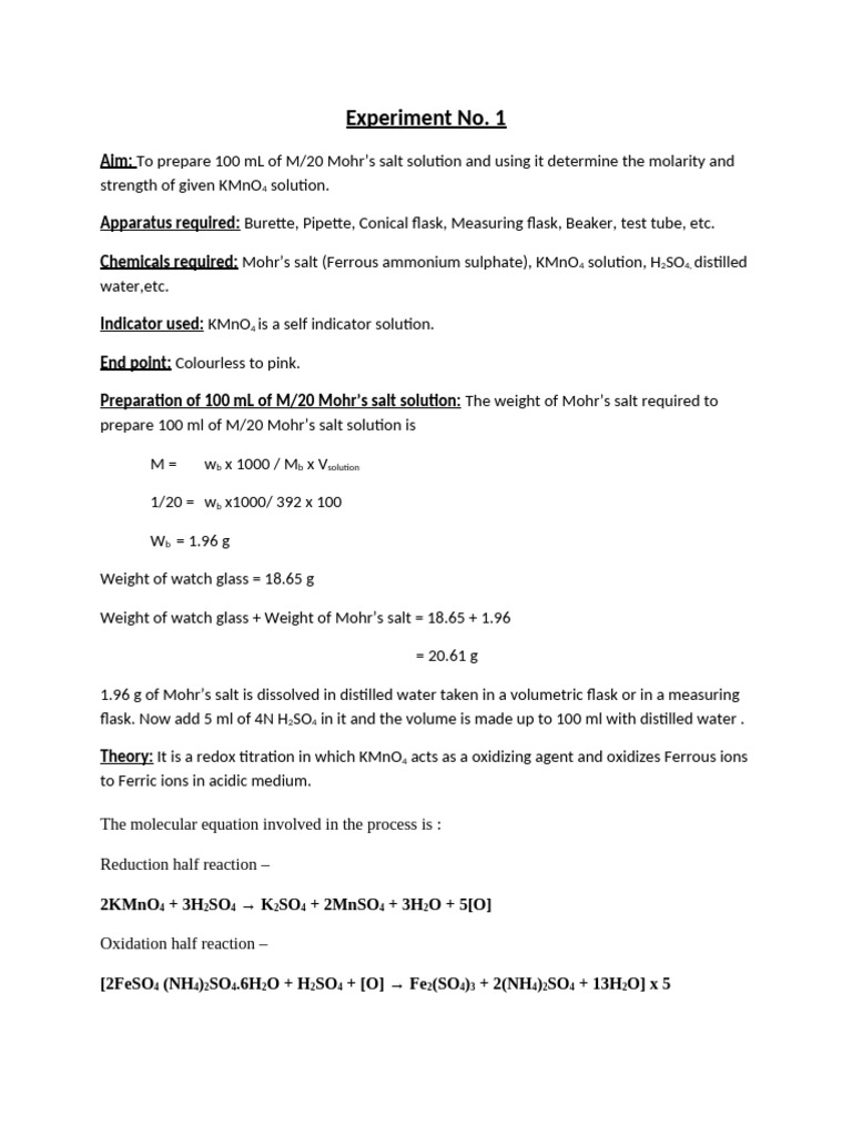 Chemistry Lab: Mohr's Salt Titration | PDF | Titration | Chemistry