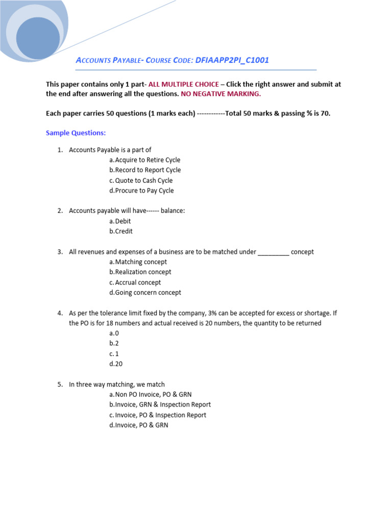 Accounts Payable-Sample QP | PDF