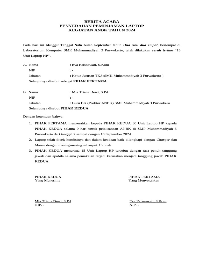 Serah Terima Laptop ANBK 2024 SMK Muhammadiyah | PDF