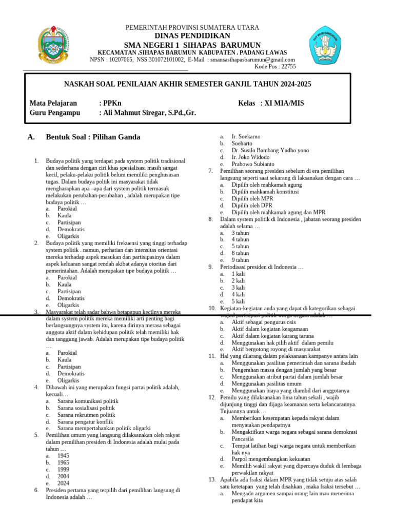 Soal PAS Ganjil PPKN Xi | PDF