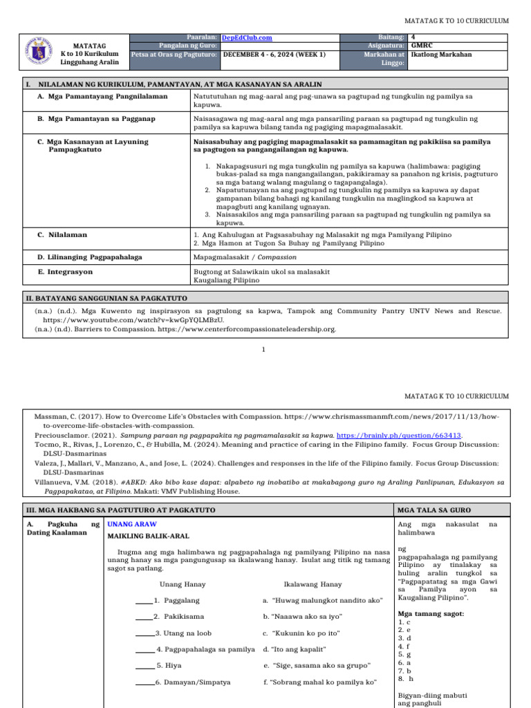 DLL Matatag - GMRC 4 q3 w1 | PDF