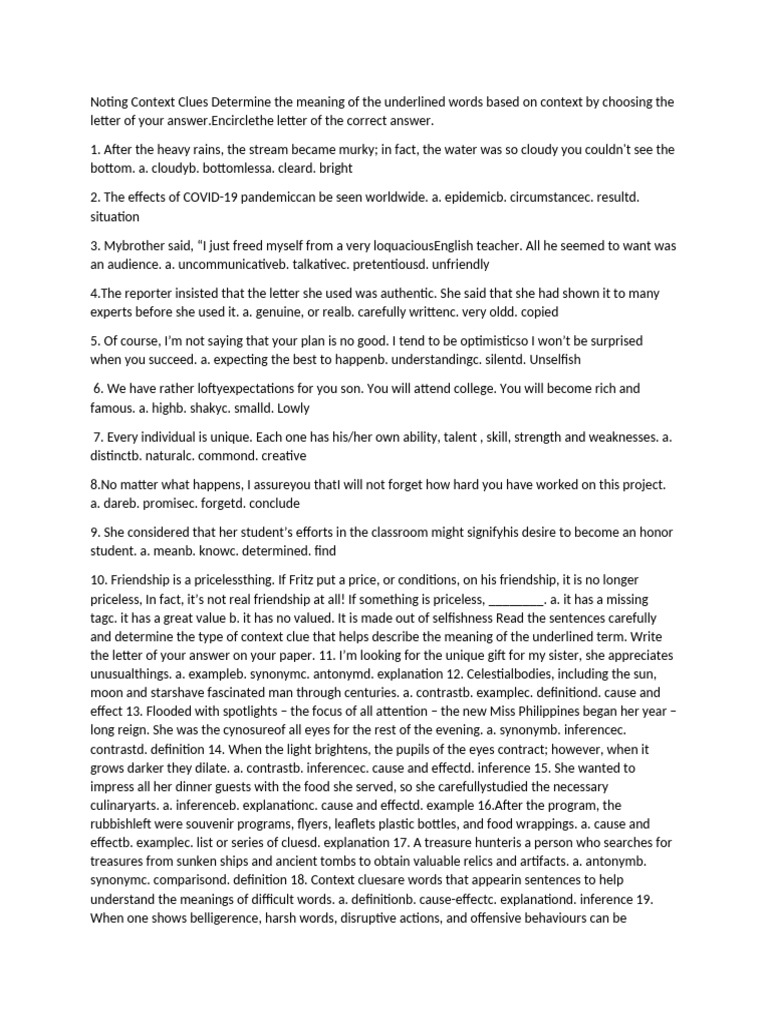 Quiz On Noting Context Clues | PDF